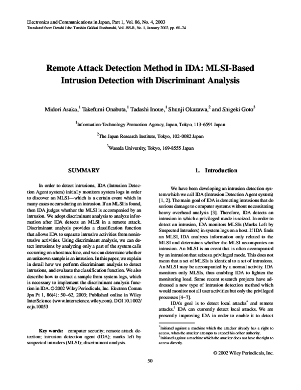 (PDF) Remote attack detection method in IDA: MLSI-based intrusion detection with discriminant ...