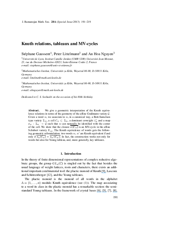 (PDF) Knuth relations, tableaux and MV-cycles