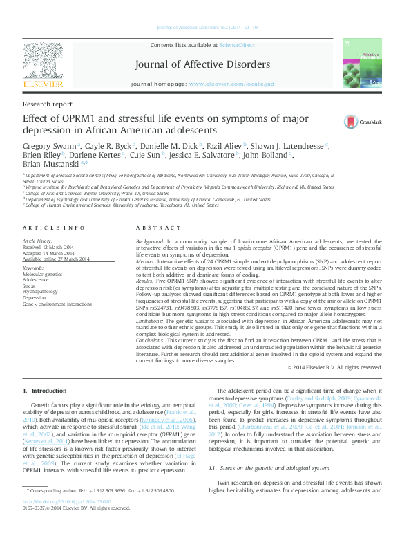 (PDF) Effect of OPRM1 and stressful life events on symptoms of major depression in African ...