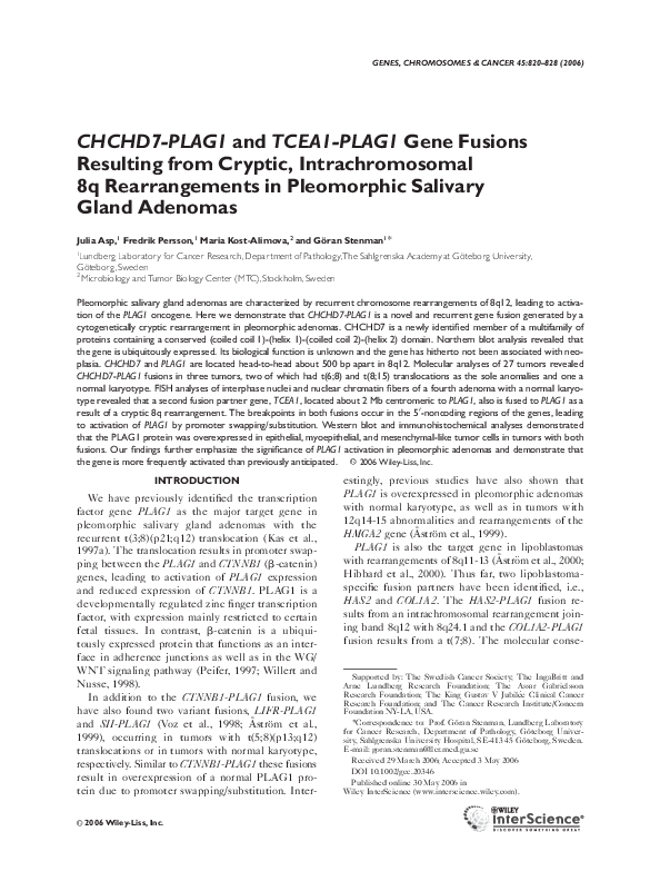 (PDF) CHCHD7-PLAG1 andTCEA1-PLAG1 gene fusions resulting from cryptic ...