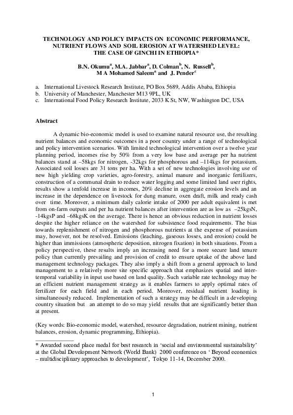 (PDF) A bio-economic model of integrated crop-livestock farming systems: The case of Ginchi ...
