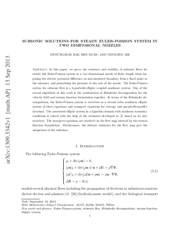 Pdf Subsonic Solutions For Steady Euler Poisson System In Two Dimensional Nozzles