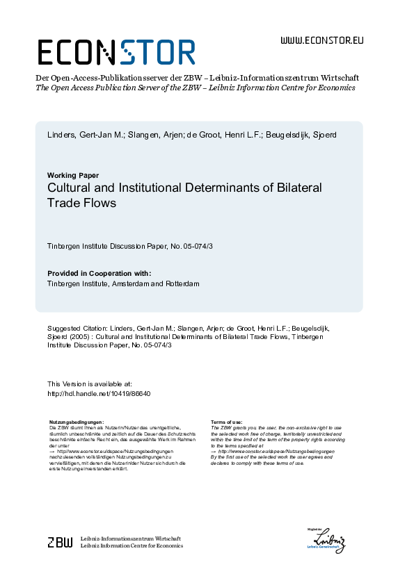 (PDF) Cultural and Institutional Determinants of Bilateral Trade Flows (PDF) Cultural and Institutional Determinants of Bilateral Trade Flows