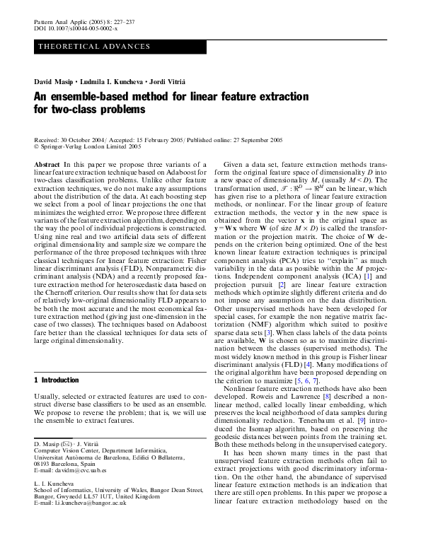 Pdf An Ensemble Based Method For Linear Feature Extraction For Two