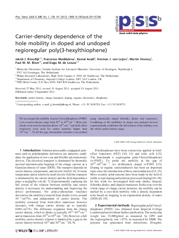 (PDF) Carrier-density dependence of the hole mobility in doped and undoped regioregular poly(3 ...