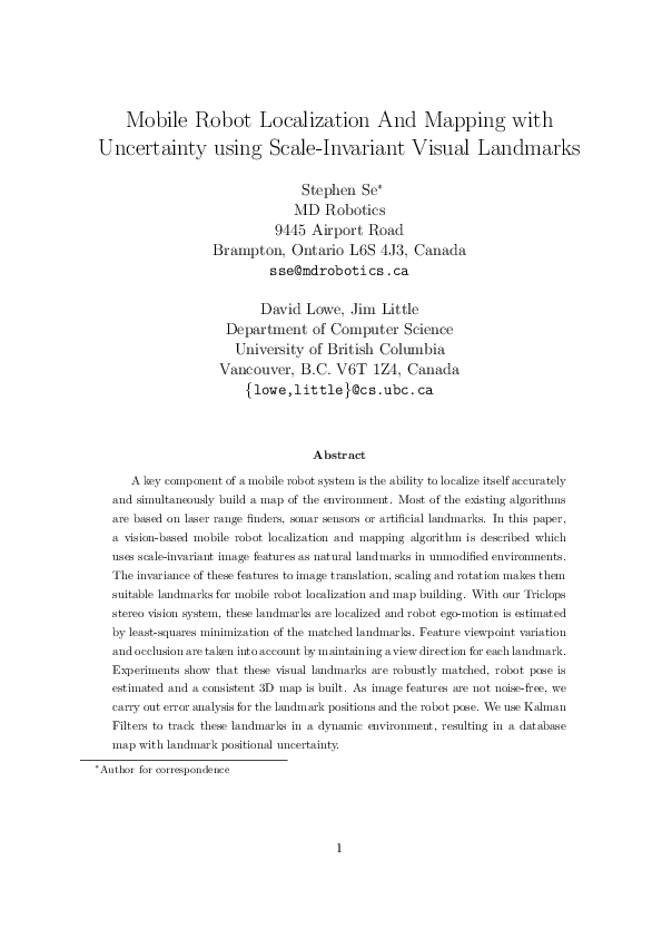 (PDF) Mobile Robot Localization and Mapping with Uncertainty using Scale-Invariant Visual Landmarks
