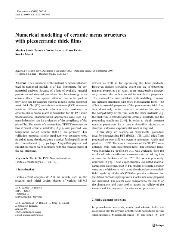 (PDF) Numerical modelling of ceramic mems structures with piezoceramic thick films
