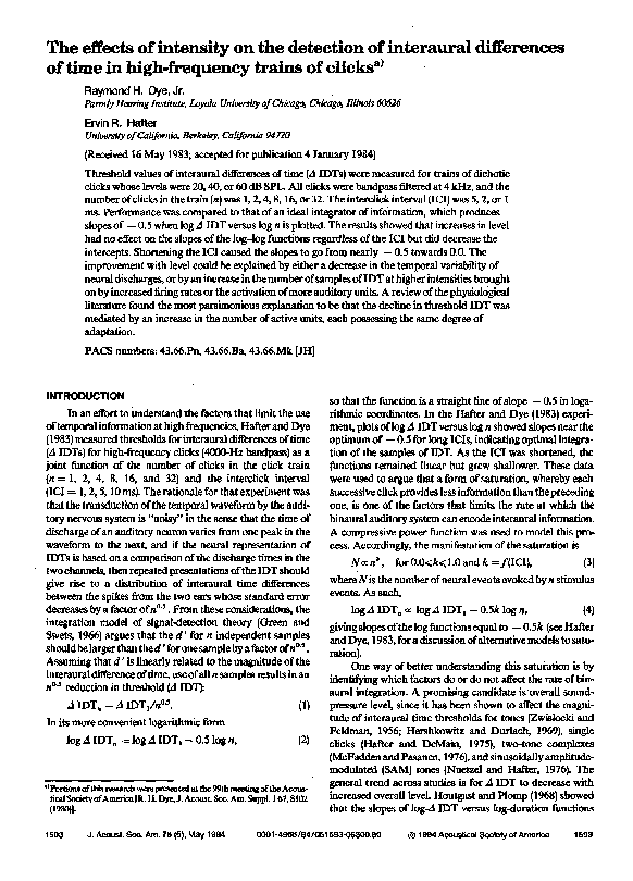 Pdf The Effects Of Intensity On The Detection Of Interaural
