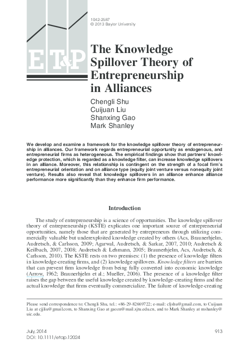 (PDF) The Knowledge Spillover Theory of Entrepreneurship in Alliances