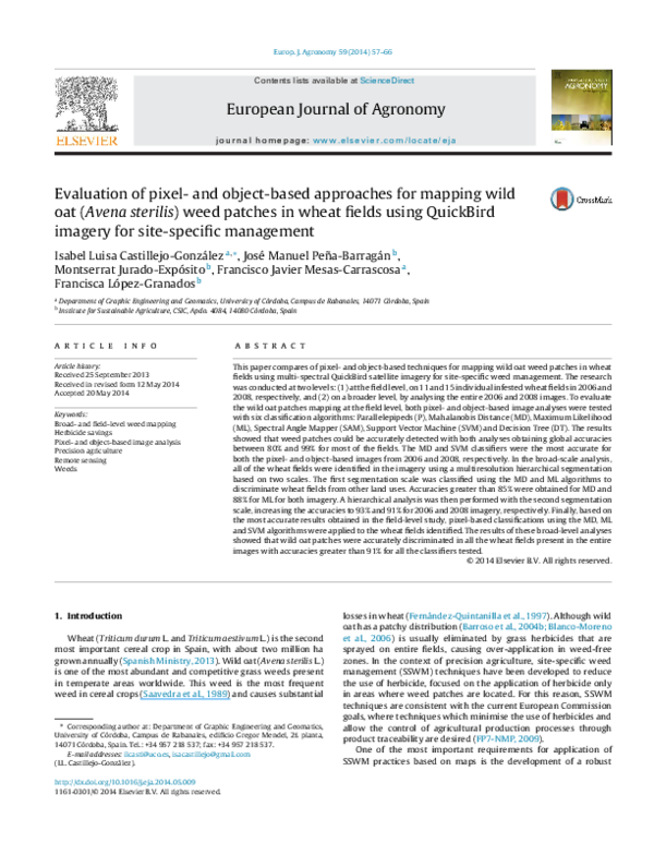 Pdf Evaluation Of Pixel And Object Based Approaches For Mapping Wild Oat Avena Sterilis
