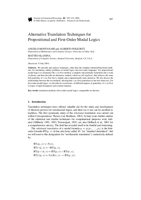 (PDF) Alternative Translation Techniques for Propositional and First-Order Modal Logics