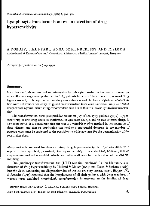 (PDF) Lymphocyte transformation test in detection of drug hypersensitivity