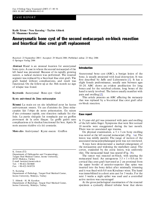 (PDF) Aneurysmatic bone cyst of the second metacarpal: en-block ...