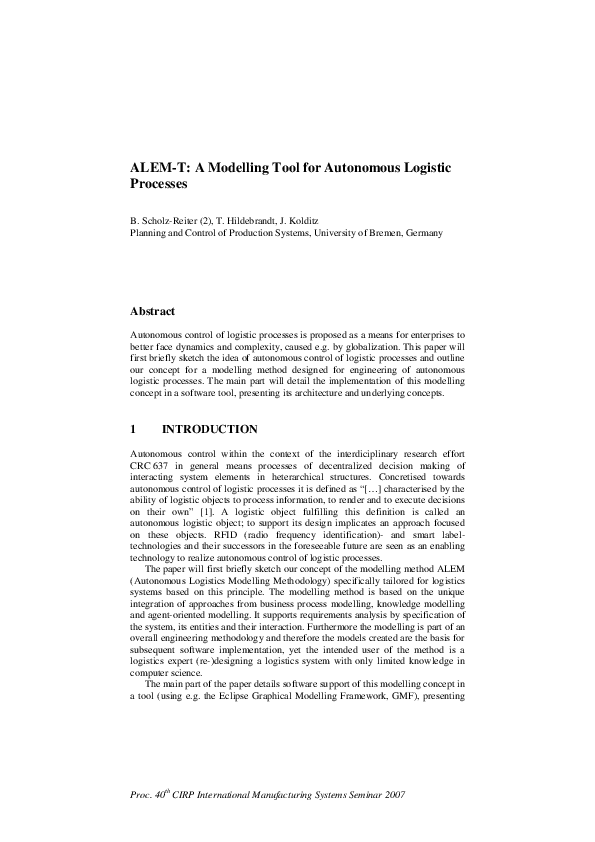 (PDF) ALEM-T: A Modelling Tool for Autonomous Logistic Processes