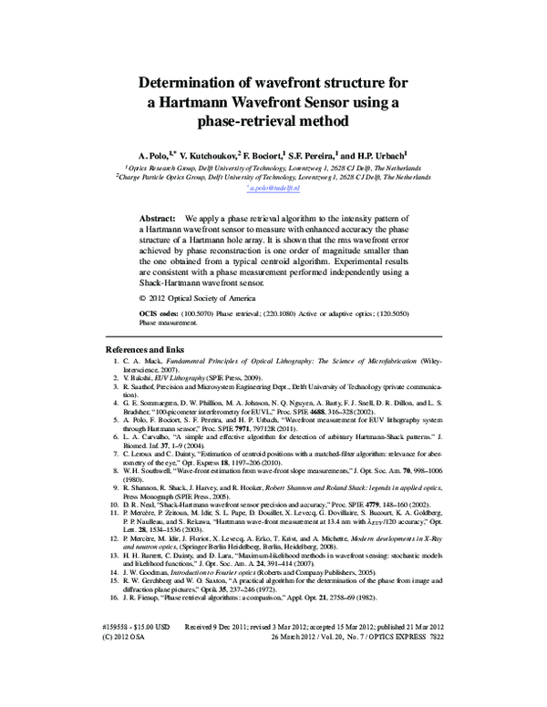Pdf Determination Of Wavefront Structure For A Hartmann Wavefront Sensor Using A Phase
