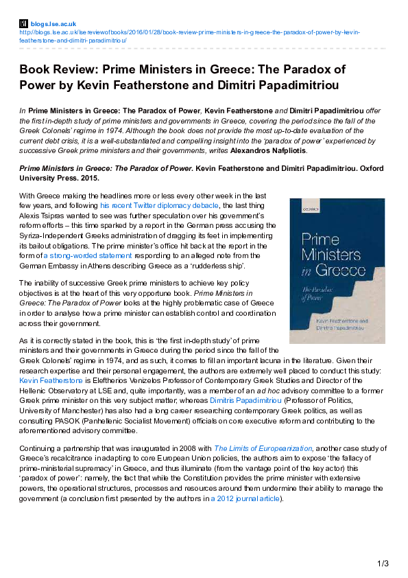 (PDF) Kevin Featherstone and Dimitri Papadimitriou. 'Prime Ministers in ...