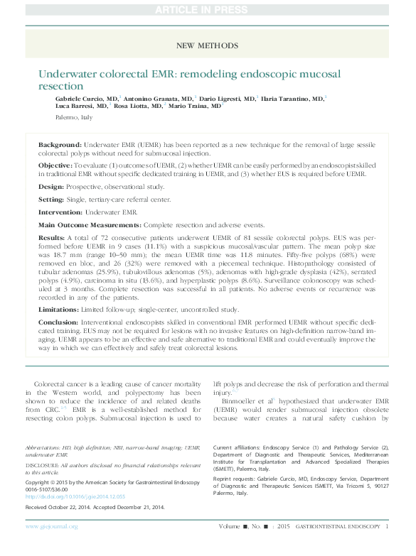 (PDF) Underwater colorectal EMR: remodeling endoscopic mucosal resection