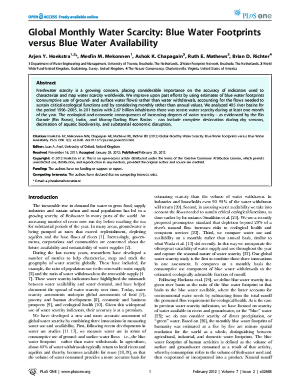 (PDF) Global Monthly Water Scarcity: Blue Water Footprints versus Blue ...