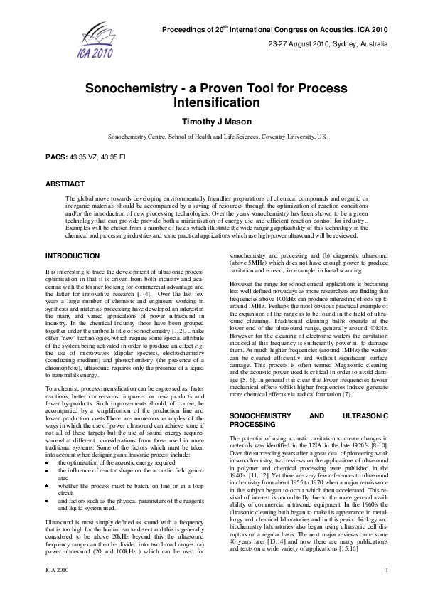 (PDF) Sonochemistry - a proven tool for Process Intensification