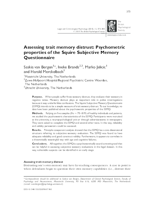 (PDF) Assessing trait memory distrust: Psychometric properties of the ...