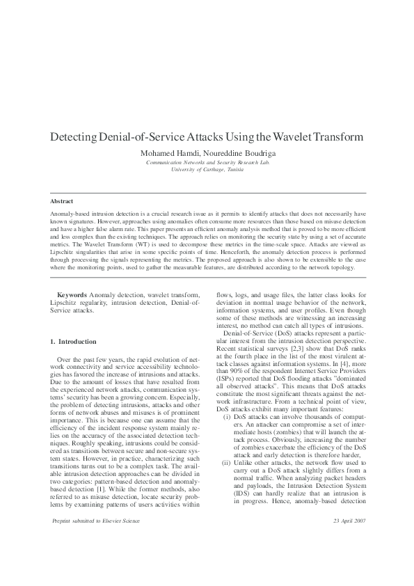 (PDF) Detecting Denial-of-Service attacks using the wavelet transform