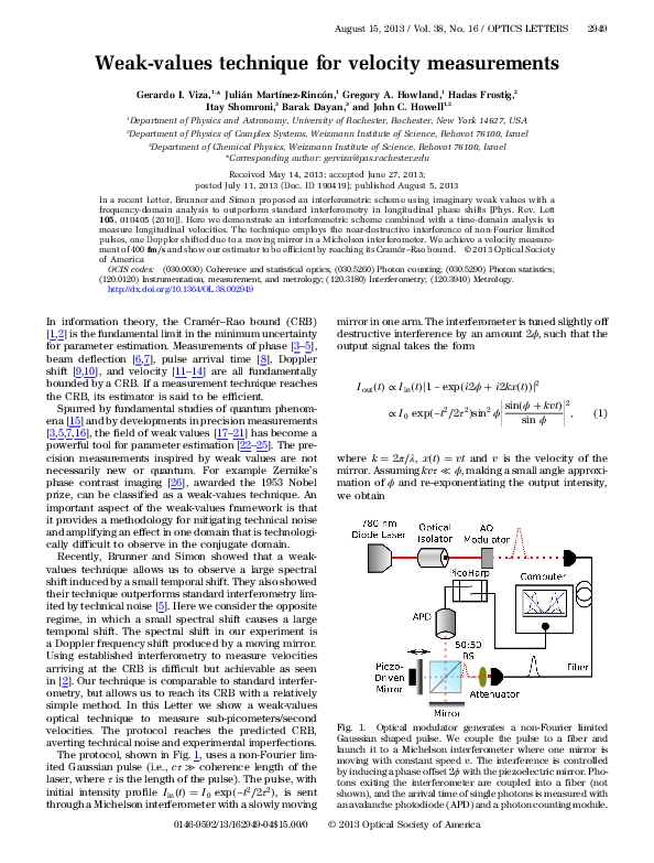 (PDF) Weak-values technique for velocity measurements