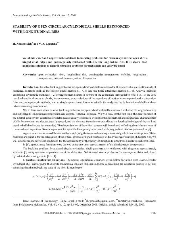 (PDF) Stability of open circular cylindrical shells reinforced with longitudinal ribs