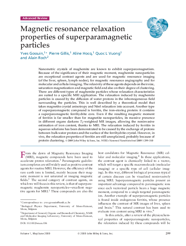 (PDF) Magnetic resonance relaxation properties of superparamagnetic ...