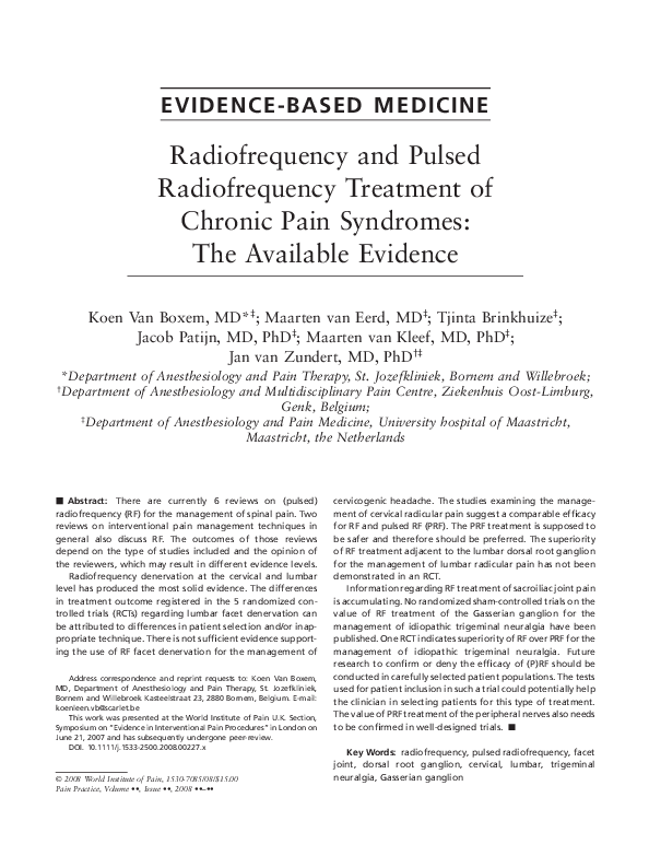 (PDF) 150 (Pulsed) Radiofrequency Adjacent to the DRG the Available ...