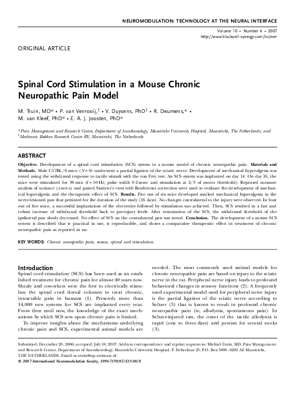 (PDF) Spinal Cord Stimulation in a Mouse Chronic Neuropathic Pain Model
