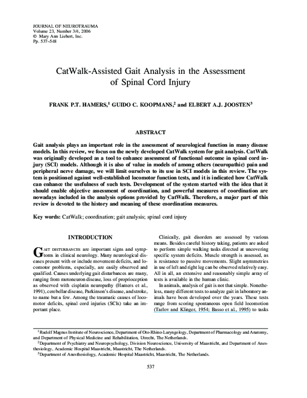 (PDF) CatWalk-Assisted Gait Analysis in the Assessment of Spinal Cord ...