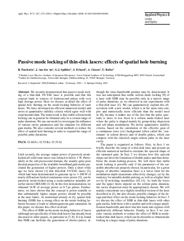 Pdf Passive Mode Locking Of Thin Disk Lasers Effects Of Spatial Hole Burning