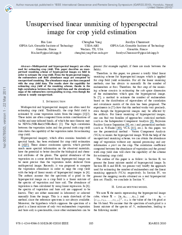 (PDF) Unsupervised linear unmixing of hyperspectral image for crop yield estimation