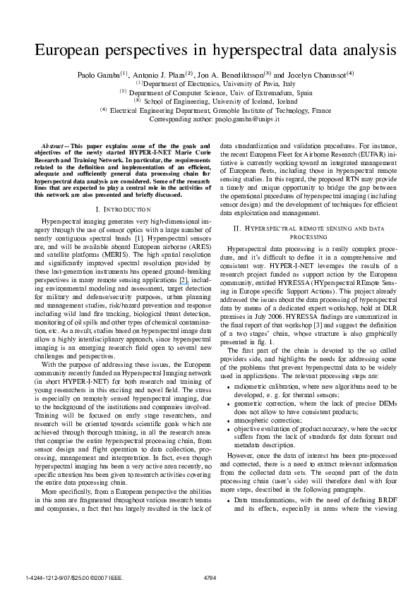 (PDF) European perspectives in hyperspectral data analysis