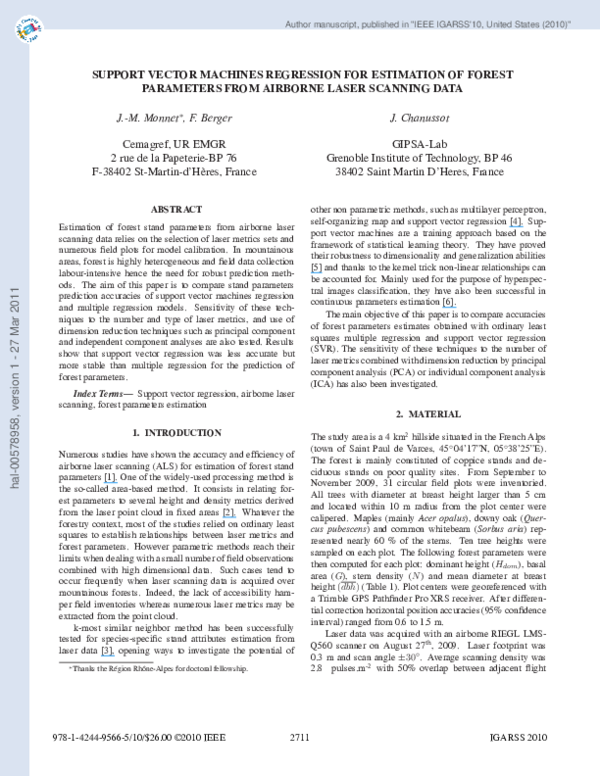 (PDF) Support vector machines regression for estimation of forest parameters from airborne laser ...