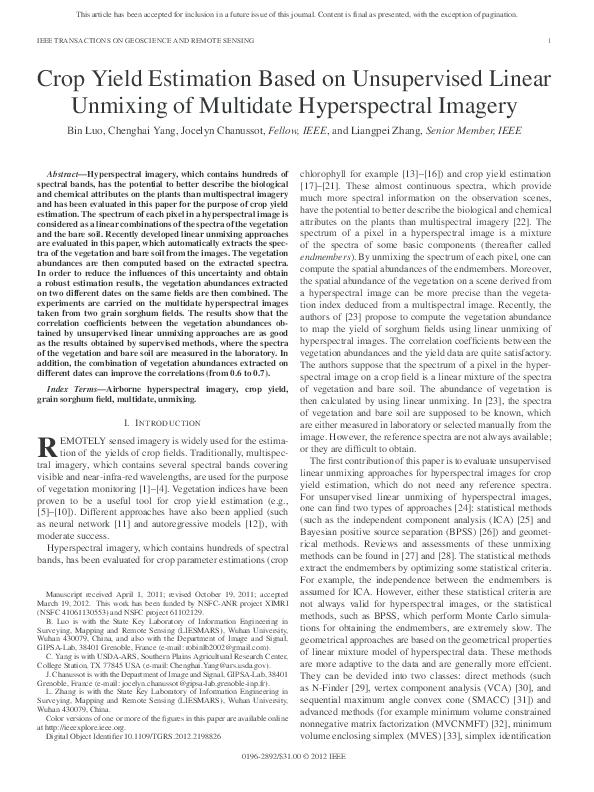 (PDF) Crop yield estimation based on unsupervised linear unmixing of multidate hyperspectral imagery