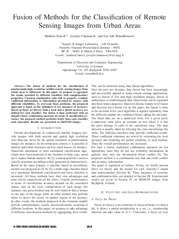 (PDF) Fusion of methods for the classification of remote sensing images from urban areas