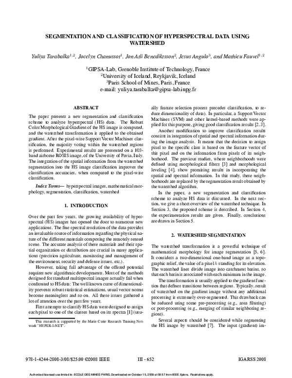 Pdf Segmentation And Classification Of Hyperspectral Images Using Minimum Spanning Forest