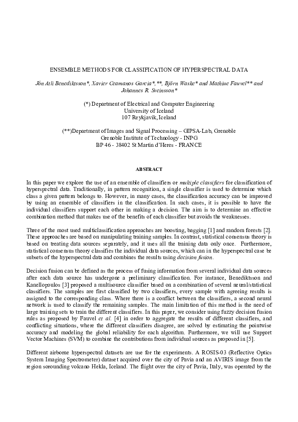 (PDF) Ensemble Methods for Classification of Hyperspectral Data