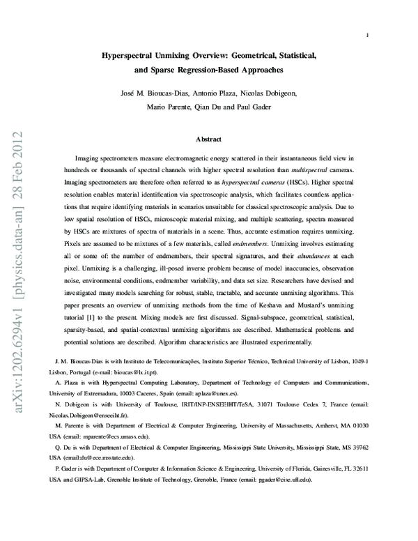 Pdf Hyperspectral Unmixing Overview Geometrical Statistical And Sparse Regression Based