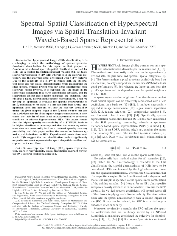 Pdf Spectralspatial Classification Of Hyperspectral Imagery Based On Partitional Clustering