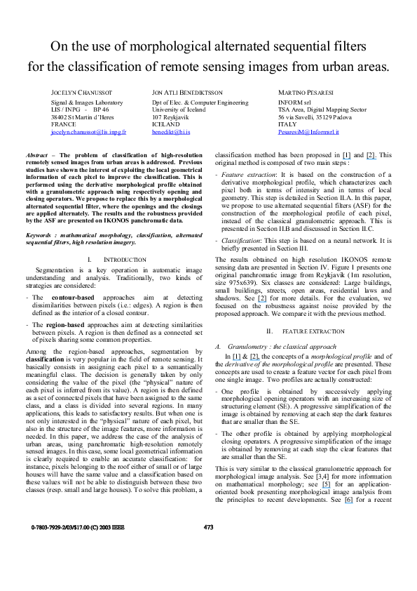 (PDF) On the use of morphological alternated sequential filters for the classification of remote ...
