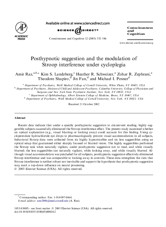(PDF) Posthypnotic suggestion and the modulation of Stroop interference under cycloplegia