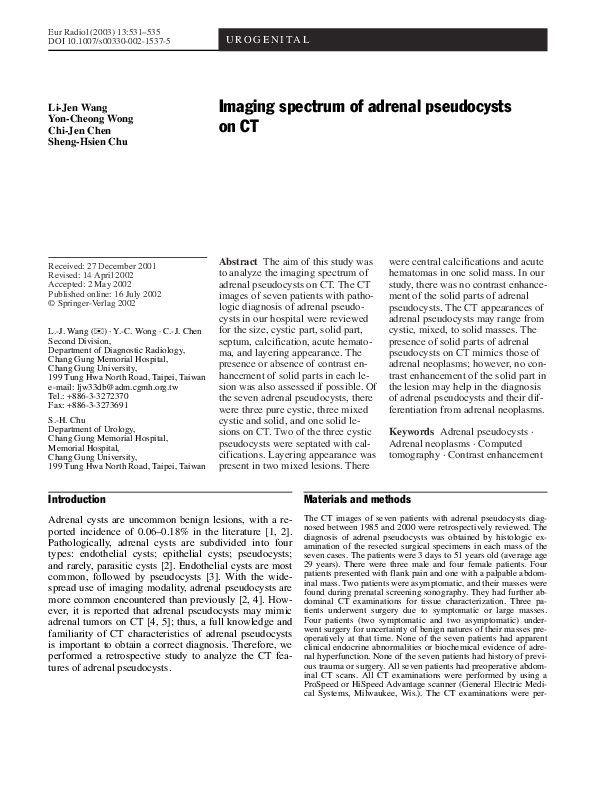 (PDF) Imaging spectrum of adrenal pseudocysts on CT