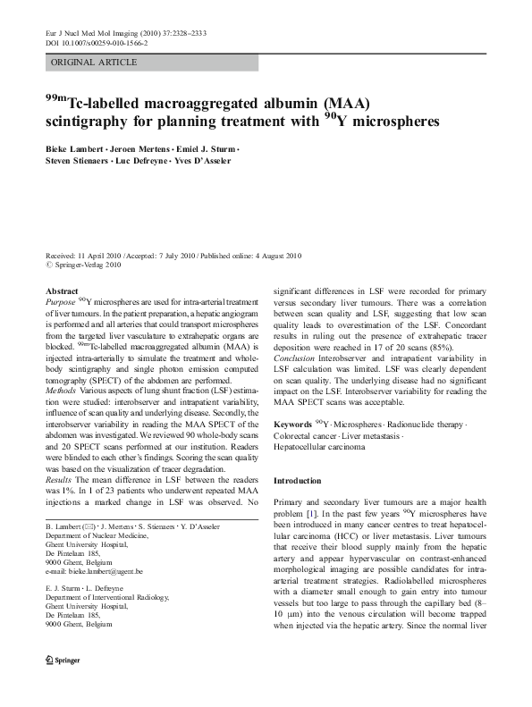 (PDF) 99mTc-labelled macroaggregated albumin (MAA) scintigraphy for planning treatment with 90Y ...
