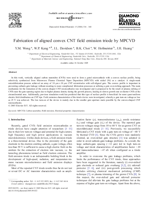 (PDF) Fabrication of aligned convex CNT field emission triode by MPCVD