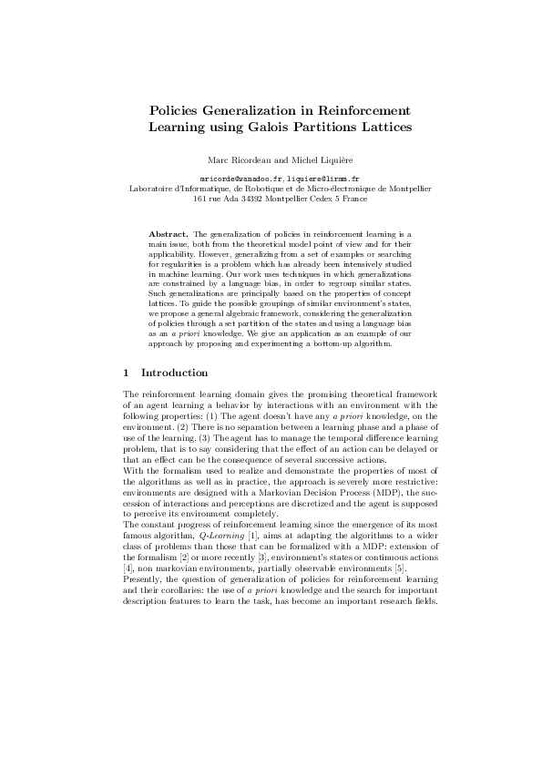 (PDF) Policies Generalization in Reinforcement Learning using Galois Partitions Lattices