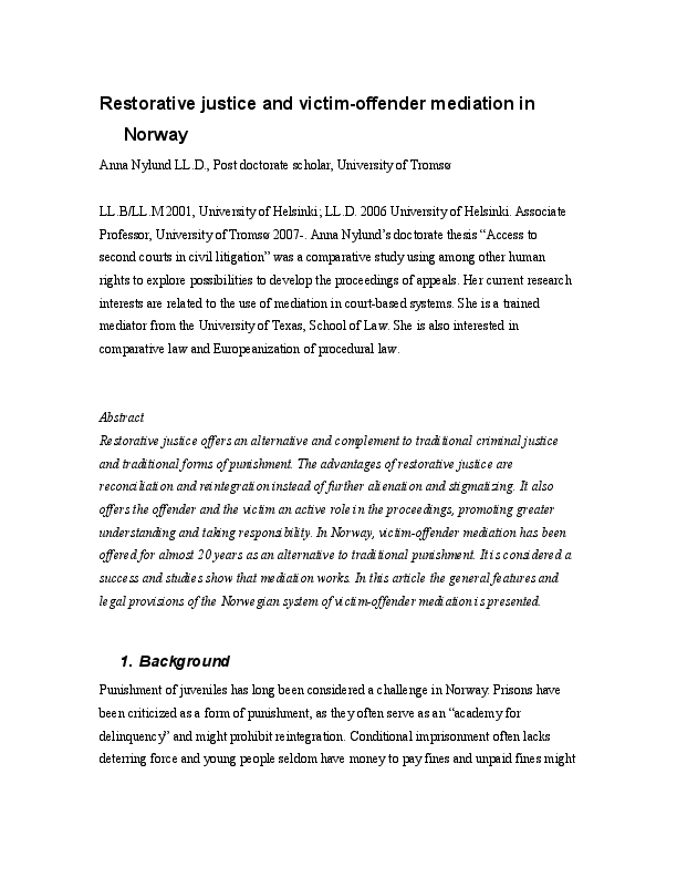 (DOC) Restorative justice and victim-offender mediation in Norway