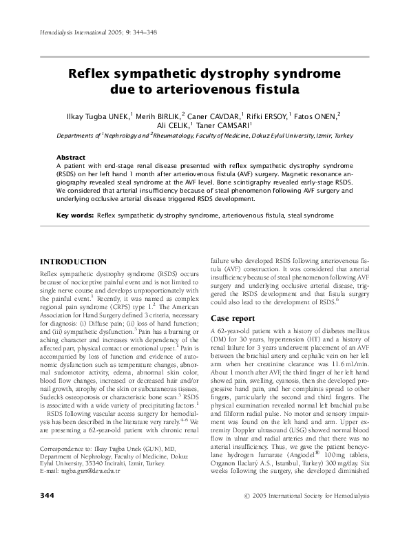 (PDF) Reflex sympathetic dystrophy syndrome due to arteriovenous fistula