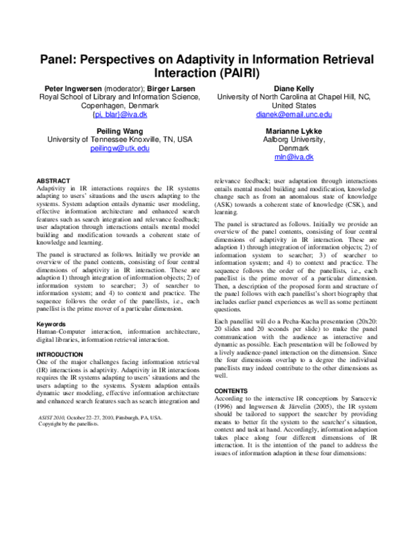 (PDF) Panel: Perspectives on adaptivity in information retrieval interaction (PAIRI)